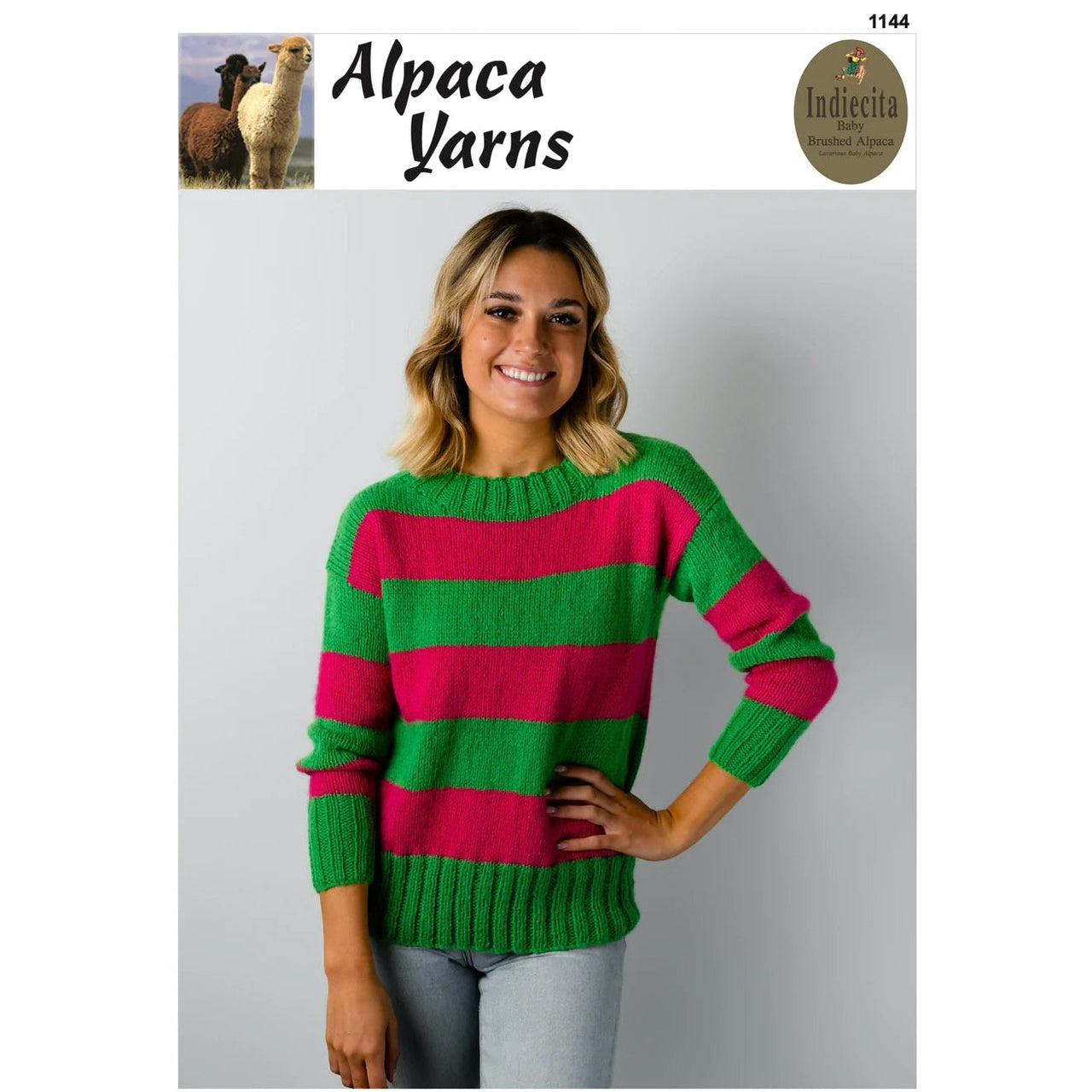 1144 Brushed Striped Yoke Sweater 14ply Knitting Pattern at Knitnstitch